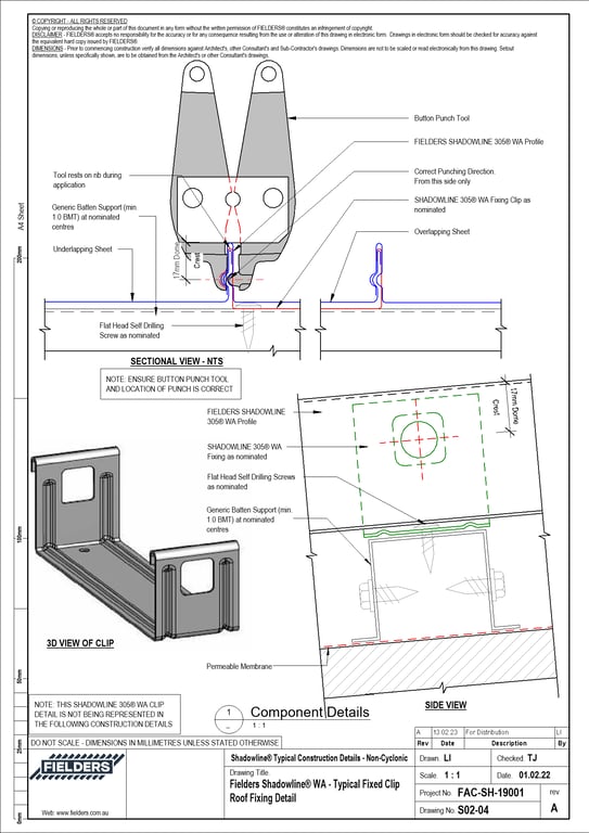 S02-04 - Fielders Shadowline® WA - Typical Fixed Clip Roof Fixing Detail - BIMcontent.com